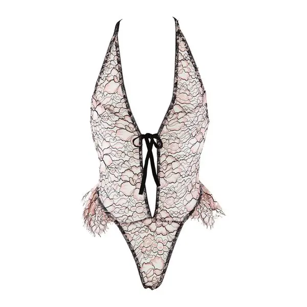 BELLE ET BON BON Valentine Soft Roses Sheer Parisian Lace Thong Back Sylvie Body - Black