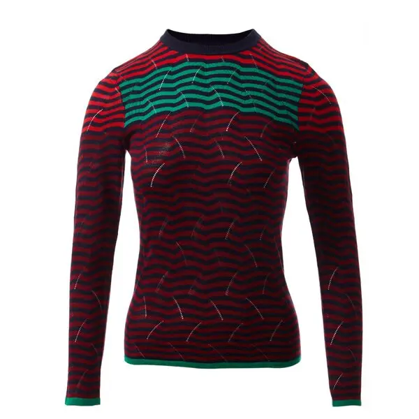 FULLY FASHIONING Green / Black / Red Mia Transfer Stitch Colour Blocking Sweater Knit Top Red & Green - Green/black/red