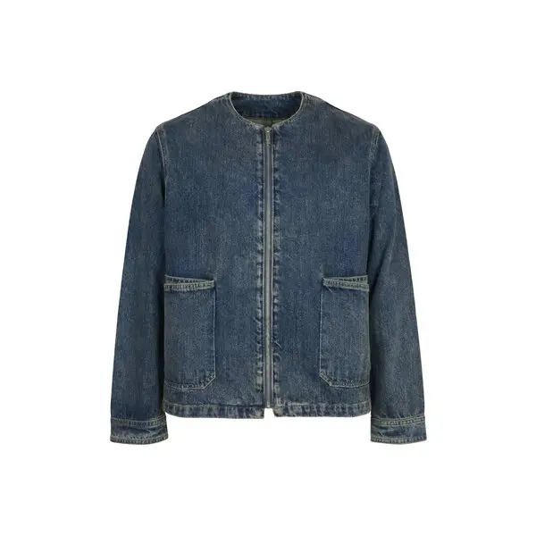 MODENAIRE Washed Denim Jacket Relaxed Fit Clean Collarless - Blue