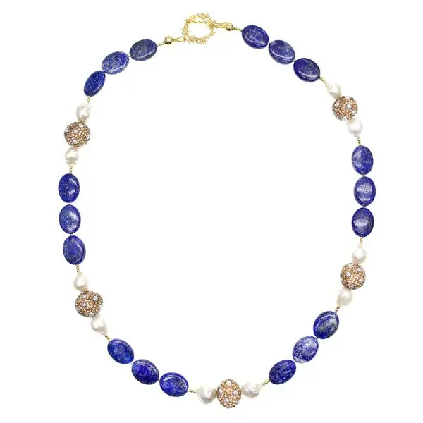 FARRA Lapis With Freshwater Pearl With Rhinestone Necklace