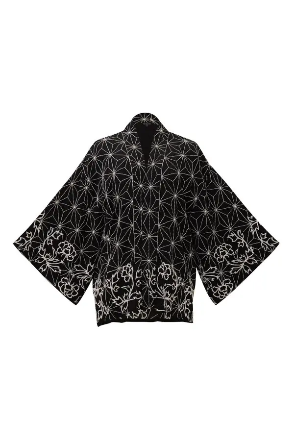 ARTEMIS MUSE Asanoha & Peony Embroidered & Ivory Fully Lined Short Kimono - Black