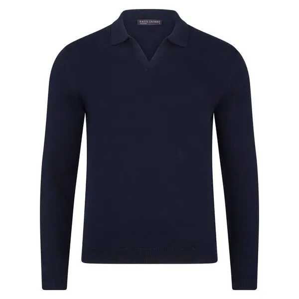 PAUL JAMES KNITWEAR Lightweight Cotton Lyndon Buttonless Polo Shirt Navy - Blue