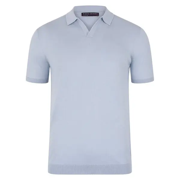 PAUL JAMES KNITWEAR Ultra Fine Cotton Nathan Buttonless Polo Shirt Chalkblue - Silver