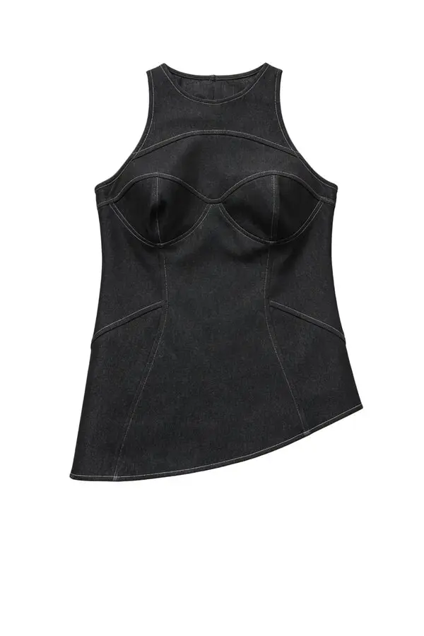 NOCTURNE Halter Neck Denim Bustier Top - Black