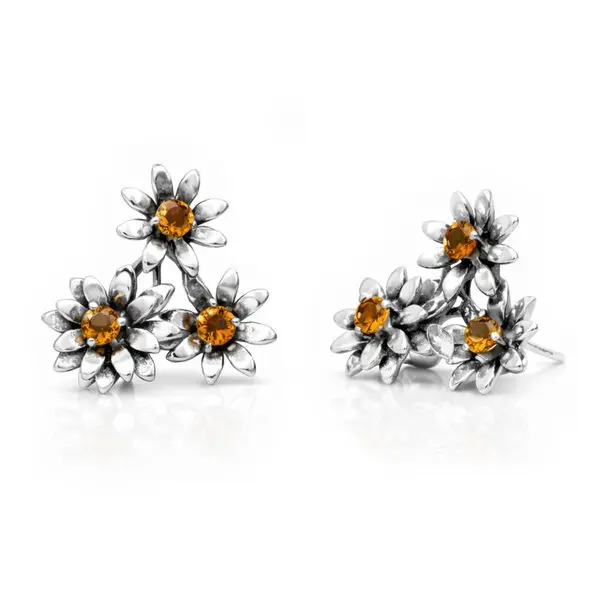UNALOE Silver / Orange Sterling Silver Flower Earrings With Natural Citrine – Floral Gemstone Earrings, Italian Artisan Jewelry - Silver/orange
