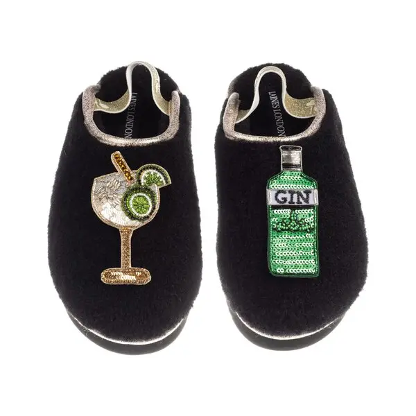 LAINES LONDON Black / Gold Flatform Cloud Closed Toe Slippers With Original Gin & Glass Brooches Black - Black/gold