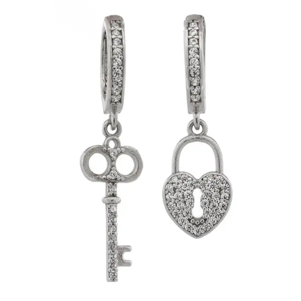 EBRU JEWELRY My Heart Is Yours Key & Heart Lock Diamond Earrings - Silver