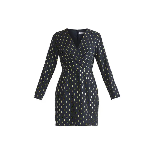 PAISIE Blue / Gold Gold Foil Print Mini Wrap Dress With Slit In Navy & Gold - Blue/gold