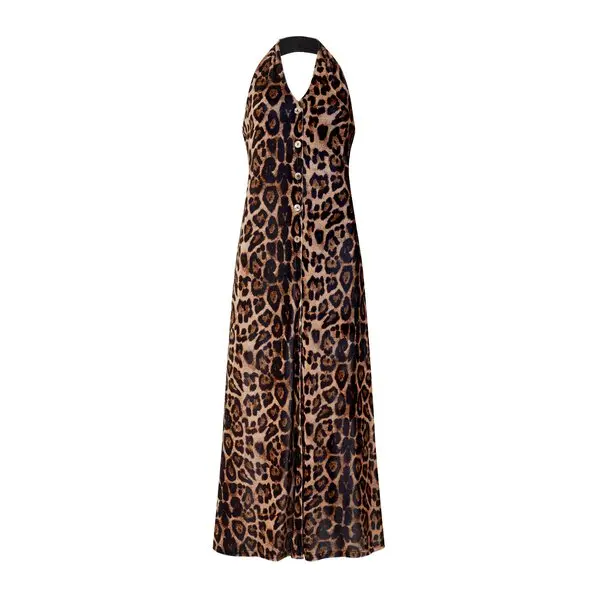 SOUR FIGS Neutrals Button-front Halterneck Leopard Velvet Maxi Dress In Warm Caramel - Brown