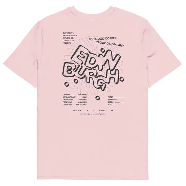 ANCHOR & CREW Cotton Gustatory Edinburgh Coffee Scene Organic Cotton Embroidered T-shirt - Pink
