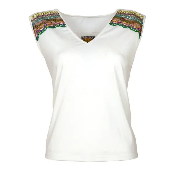 LALIPOP DESIGN Sleeveless Blouse With Colorful Accessories On The Yoke - White