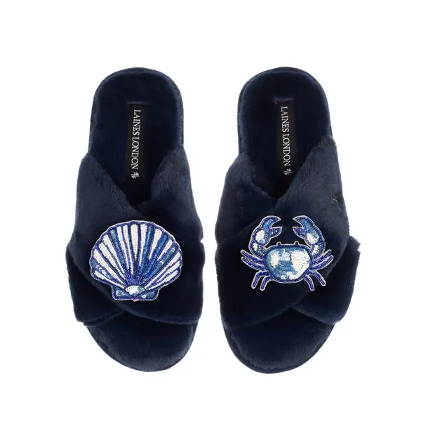 LAINES LONDON Classic Slippers With Mediterranean Brooches - Blue