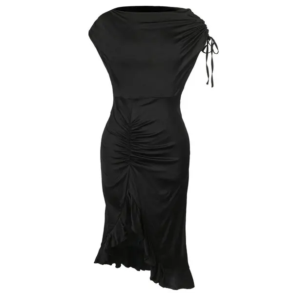 SMART AND JOY One Shoulder Off And High Ruffle Slit Fitted Dress - Black