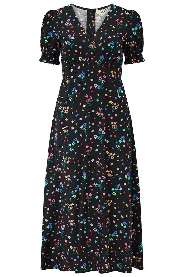 SUGARHILL BRIGHTON Maryjane Midi Dress Rainbow Sprigs - Black