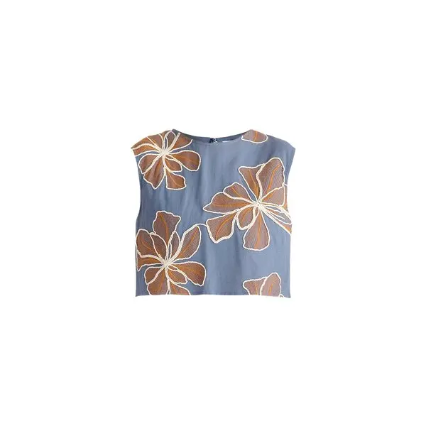 PAISIE Floral Embroidered Cropped Top - Blue