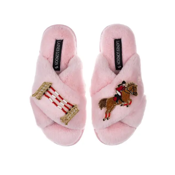 LAINES LONDON Classic Laines Slippers With Show Jump Horse Brooches - Pink