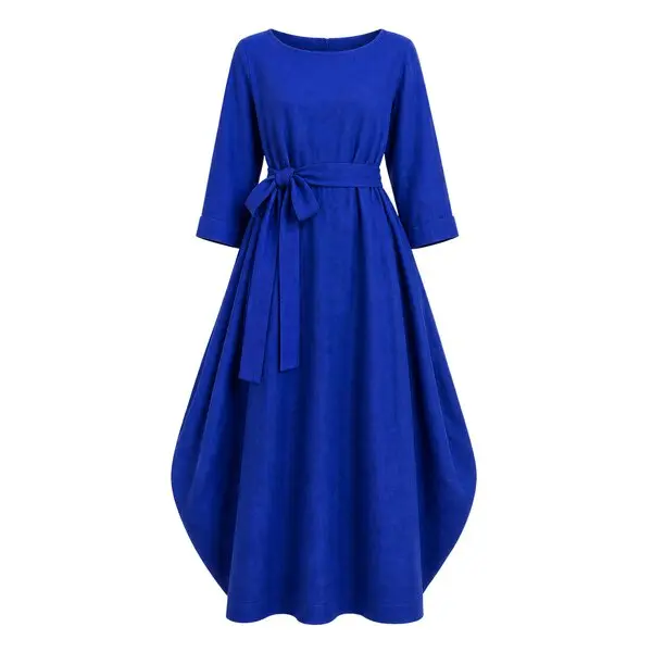 NIKKA PLACE Maxi Linen Balloon Dress With Belt In Royal Color - Blue