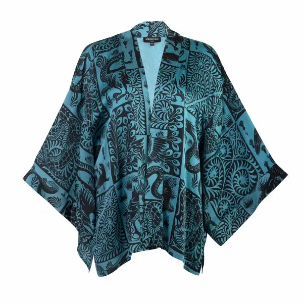 ARTEMIS MUSE Blue / Black Birds & Beasts Teal & Black Short Kimono - Blue/black