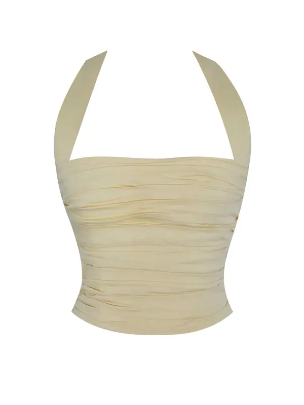 MISS CIRCLE NEW YORK Wilsie Lemon Cotton Poplin Ruched Halter Top - Yellow