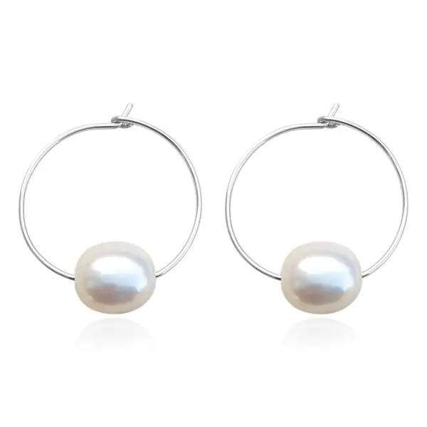KIRI & BELLE Olivia Large Pearl Wire Hoop Sterling Earrings - Silver