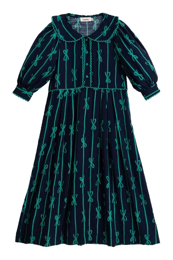 LOUCHE Caris Tie Up Statet Collar Three Quarter Sleeve Midi Dress – Navy - Blue