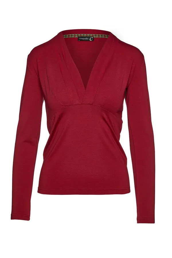 CONQUISTA Long Sleeve Wine Faux Wrap Top In Stretch Jersey Sustainable Fabric - Red