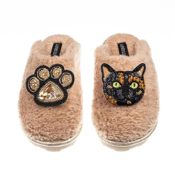 LAINES LONDON Neutrals Teddy Closed Toe Slippers With Misty Cat & Paw Brooches Toffee - Brown