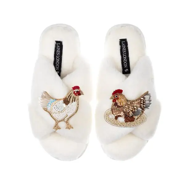 LAINES LONDON Neutrals / Classic Laines Slippers With Chicken & Hen On Nest Brooches Cream - White