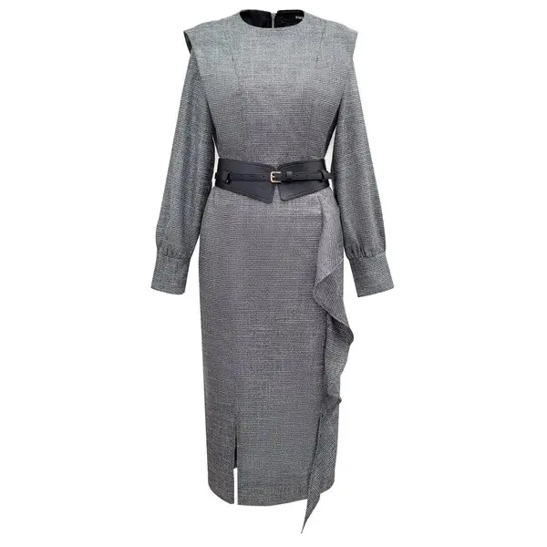 SMART AND JOY Tailor Dress With Wide Shoulder And Vertical Ruffle - Silver