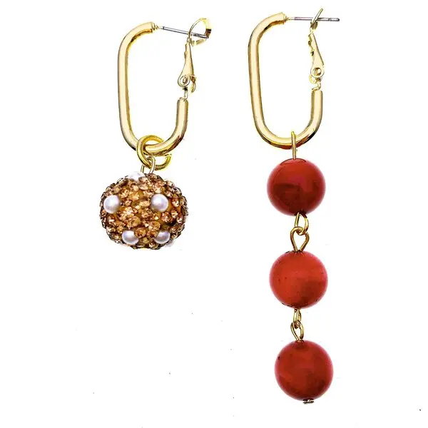 FARRA Coral With Rhinestones Borde Pearls Asymmetric Earrings - Red