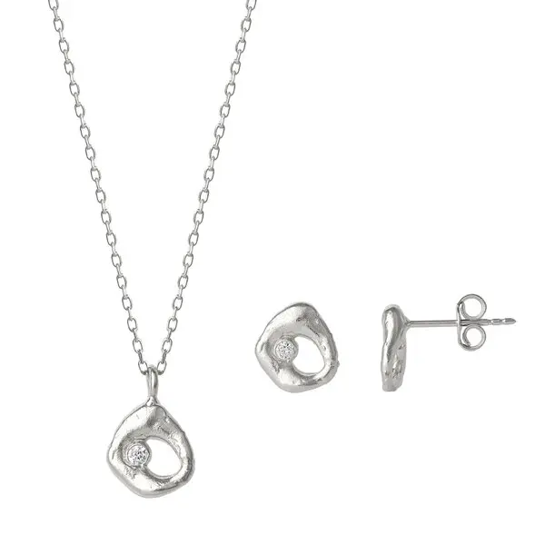 SPERO LONDON Dripping Molten Natural Textured Sterling Authentic Pendant Necklace & Earring Set - Silver