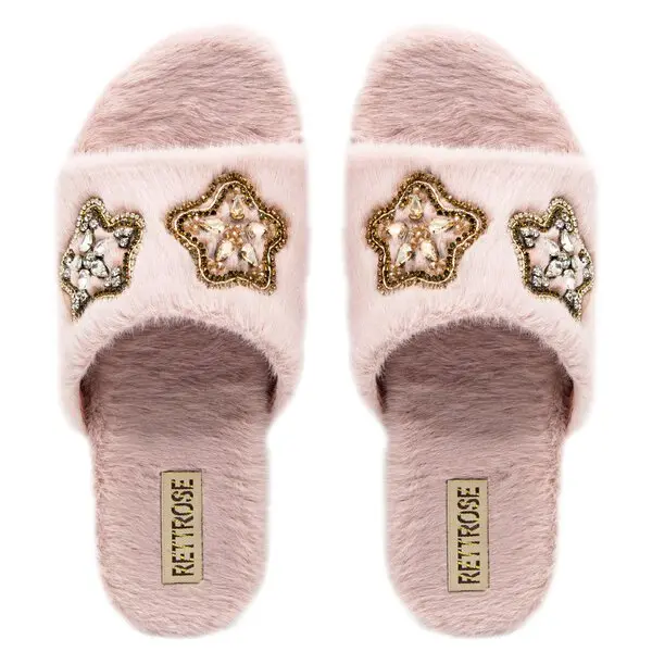 RETTROSE Neutrals Pale Nude Bailey Luxury Plush Diamanté Embellished Handmade Slipper - Brown
