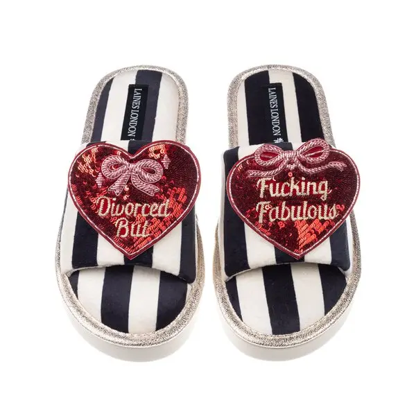 LAINES LONDON Black / White Flatform Stripe Open Toe Slippers With Divorced But... Brooches Black & White - Black/white