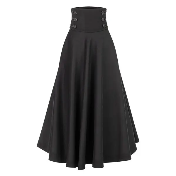 NIKKA PLACE Wool Floor Length Skirt With Hight Waist & Front Buttons - Black