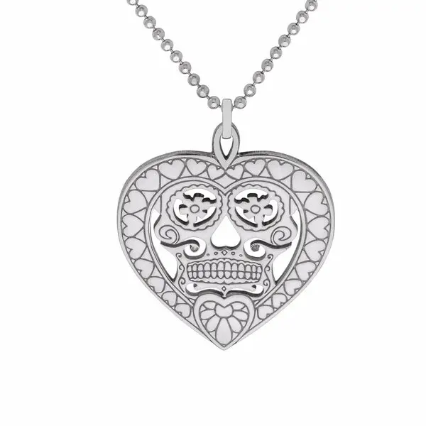 CARTERGORE Medium Sugar Skull Heart Pendant Necklace - Silver