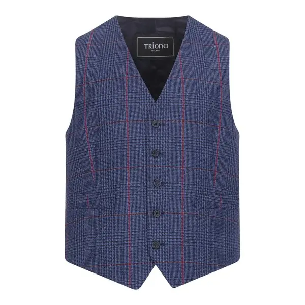 TRIONA Navy & Red Prince Of Wales Michael Tweed Waistcoat - Blue