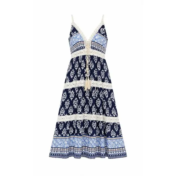 YUMI Navy Viscose Paisley Print Midi Sun Dress - Blue
