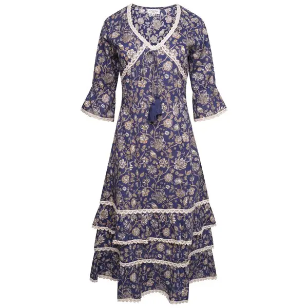 LATELIER LONDON Navy Floral Block Print Cotton Dress - Blue