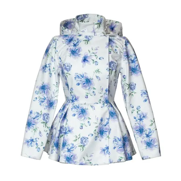 RAINSISTERS White / Blue White Jacket With Detachable Hood And Blue Flower Print: Blue Whisper - White/blue