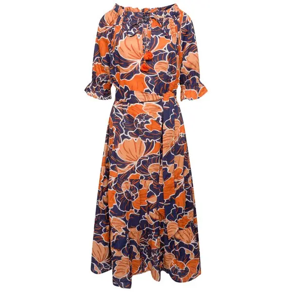 LATELIER LONDON Zara Bardot Midi Dress In Tropical Print - Blue