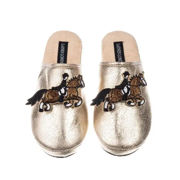 LAINES LONDON Softie Slippers With Dressage Horse Brooches - Gold