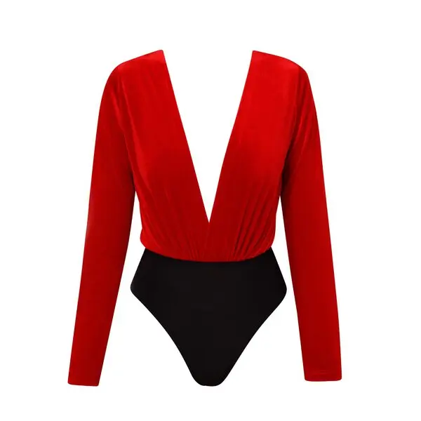 LIA ARAM Two-tone Velvet Bodysuit - Red