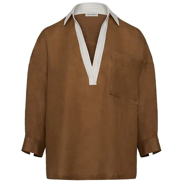 THE SUMMER EDIT Lola Luxe Linen Tunic Shirt Cognac - Brown