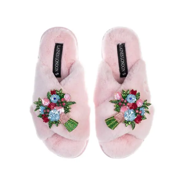 LAINES LONDON Classic Laines Slippers With Double Floral Bouquet Brooches - Pink