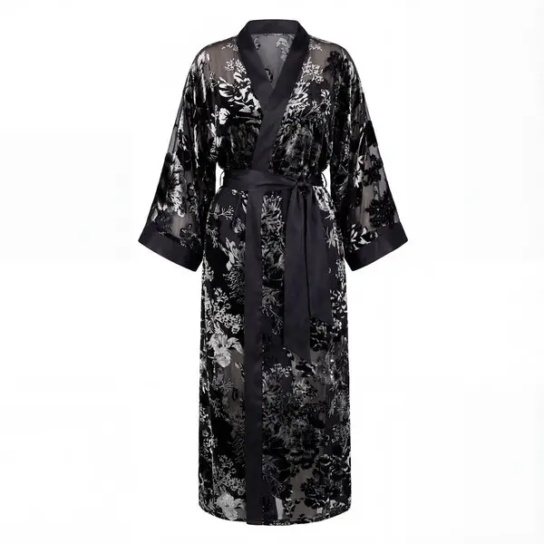 VIMISSIA Long Silk Velvet Kimono Style Robe - Black