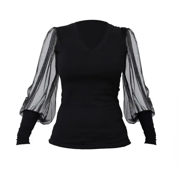 METAMORPHOZA V-neck Casual Top With Tulle Sleeves - Black