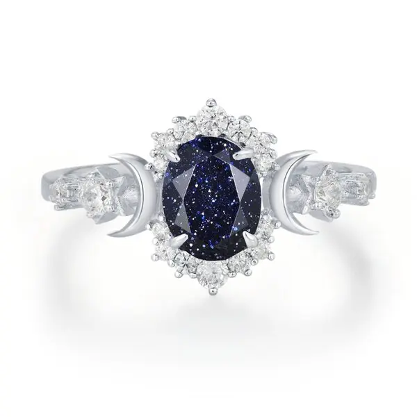 AZURA JEWELRY NEW YORK Galactic Oval Cut Blue Sandstone Ring White Gold Vermeil - Silver