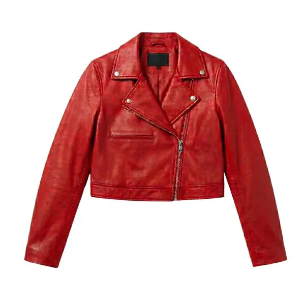 HARMAIN LEATHERS LTD Cropped Leather Biker Jacket With Belt - Red