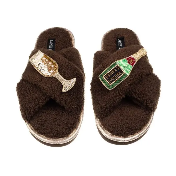 LAINES LONDON Embellished Boucle Slippers With Darling Brooches - Brown