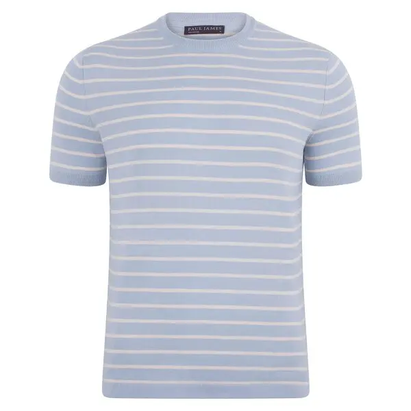 PAUL JAMES KNITWEAR Ultra-fine Cotton Javier Knitted Pin Stripe T-shirt Chalk - Blue